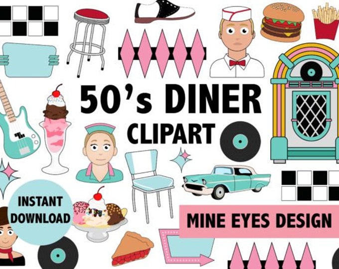 50s Diner Clipart Set: Retro Restaurant Graphics (digital Download ...