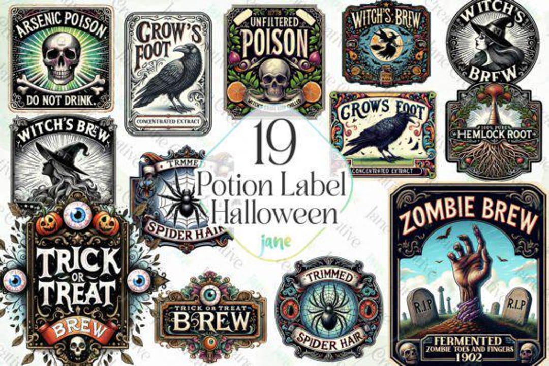 Potion Labels Bundle 19 Designs PNG Apothecary Halloween Potion Labels ...