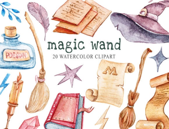 Watercolor Magic School Clipart, Witch Supplies, Wizard Academy Clip ...