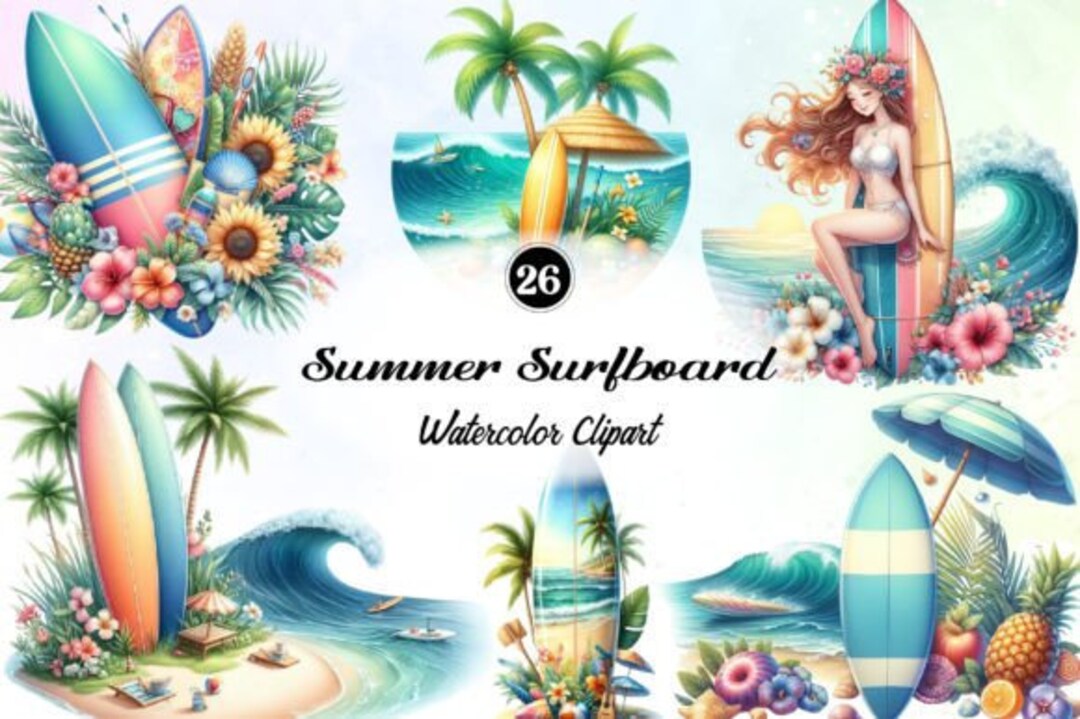 Summer Surfboard Watercolor Clipart Watercolor Surfing Clipart ...