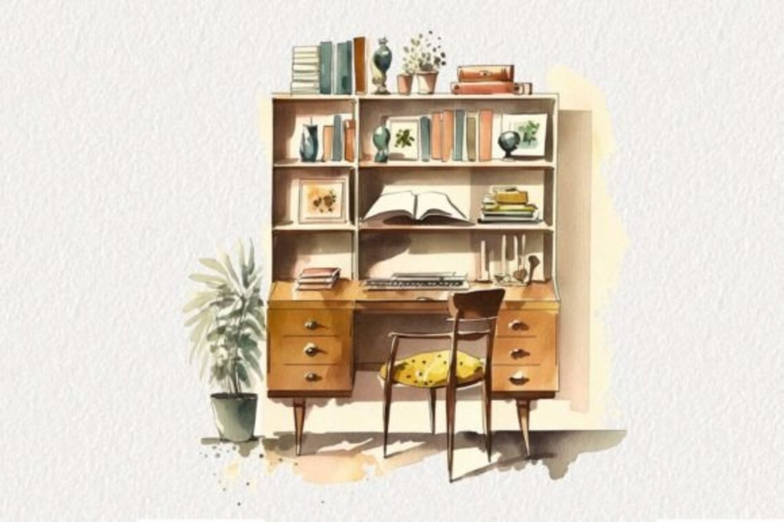 Vintage 50s Bookcase 1950s 50s Watercolour Cozy Home Library Clipart ...