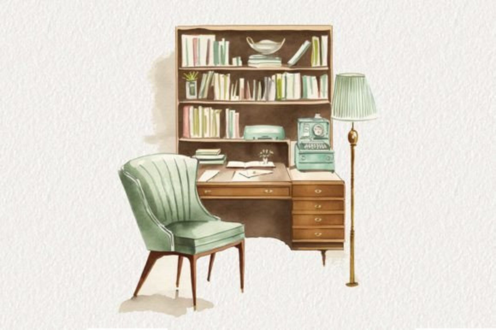 Vintage 50s Bookcase 1950s 50s Watercolour Cozy Home Library Clipart ...