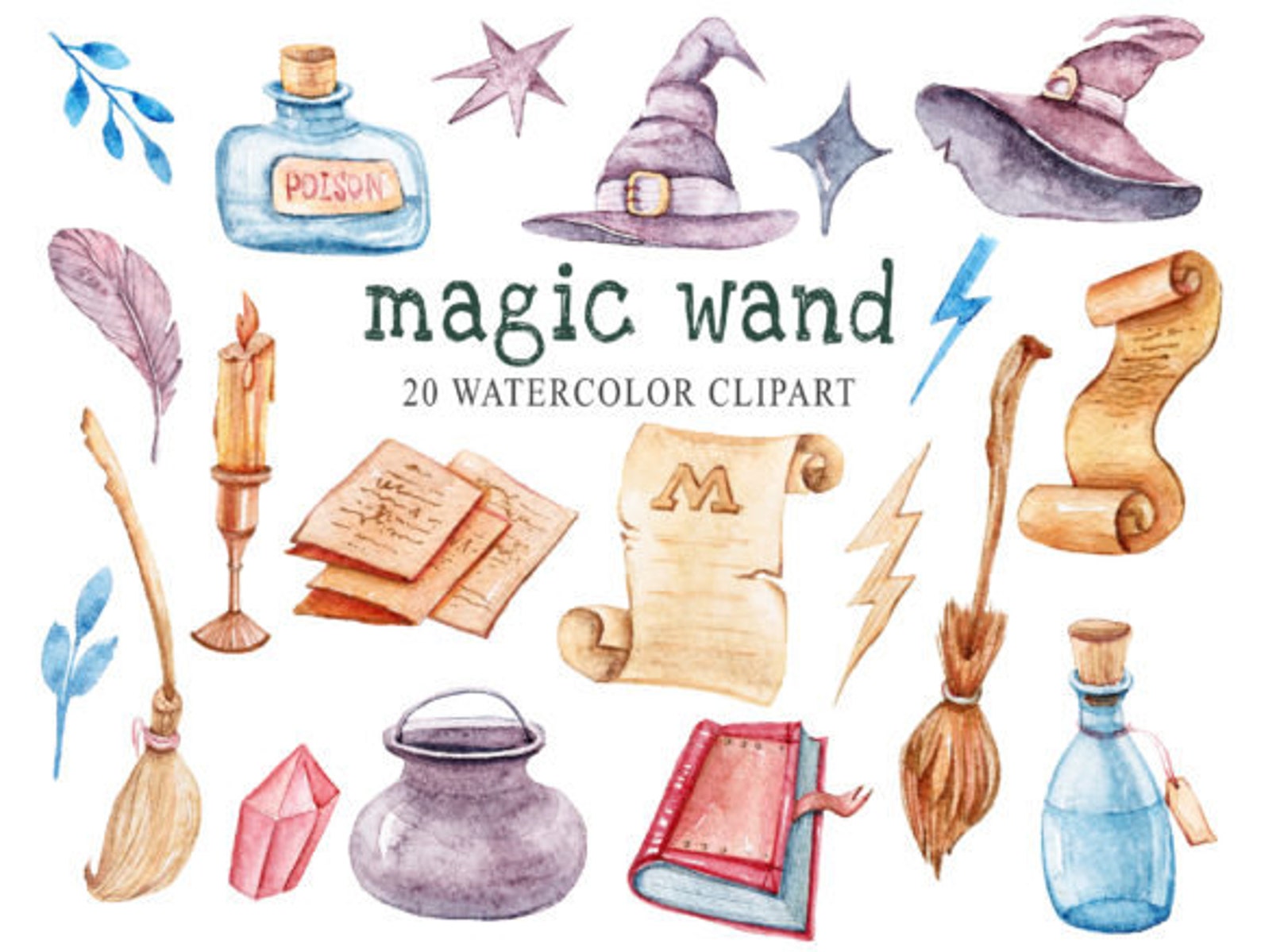 Watercolor Magic School Clipart, Witch Supplies, Wizard Academy Clip ...