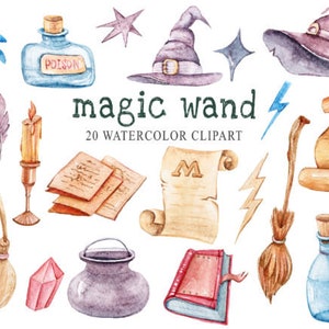 Watercolor Magic School Clipart, Witch Supplies, Wizard Academy Clip ...