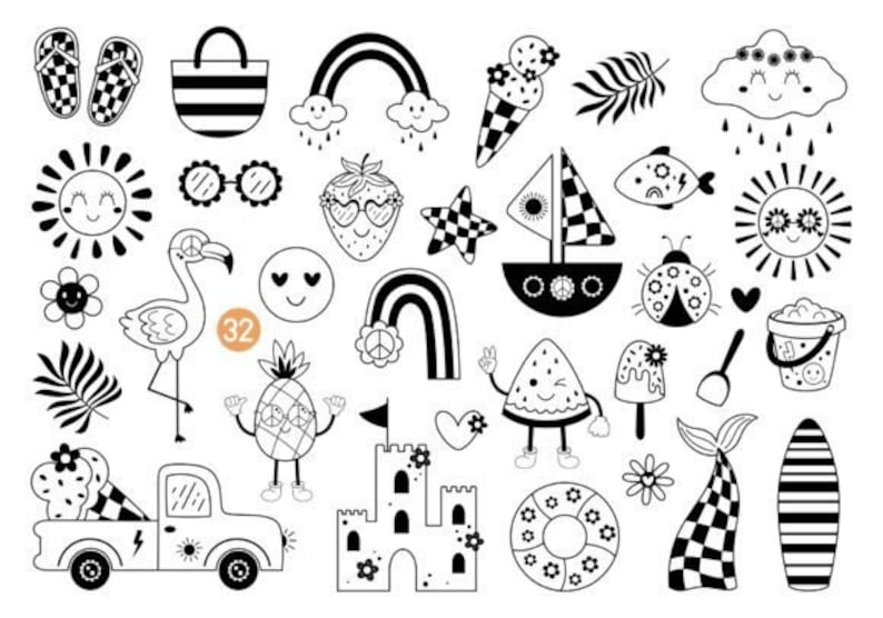 Summer Png, Retro Summer Clipart, Black and White Summer Svg, Groovy ...