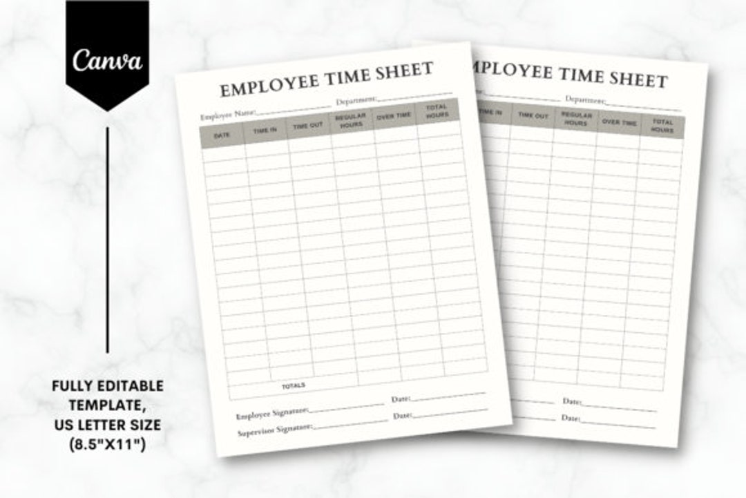 Employee Time Sheet Editable Canva Digital Template - Printable Time ...