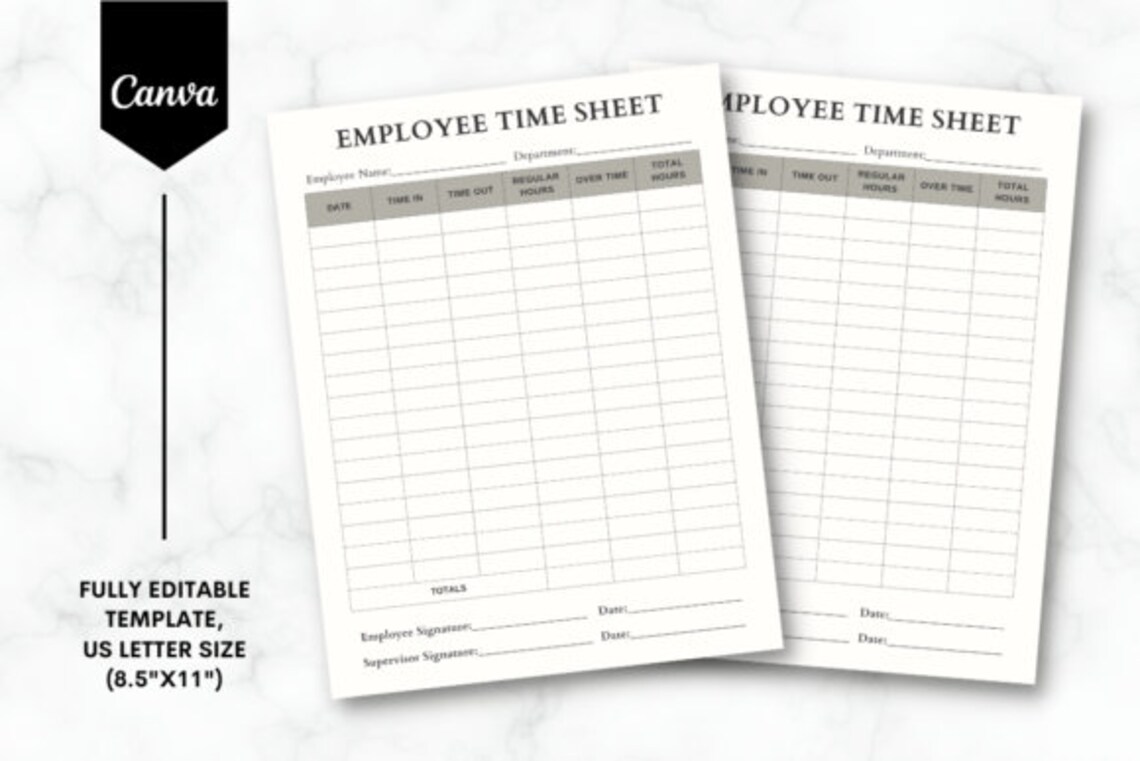 Employee Time Sheet Editable Canva Digital Template - Printable Time ...