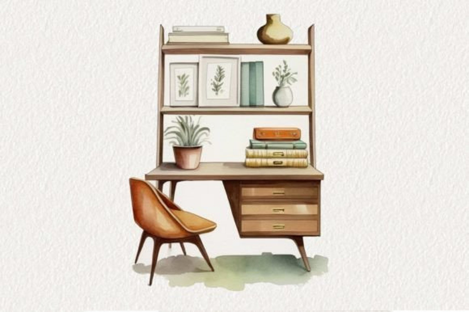 Vintage 50s Bookcase 1950s 50s Watercolour Cozy Home Library Clipart ...