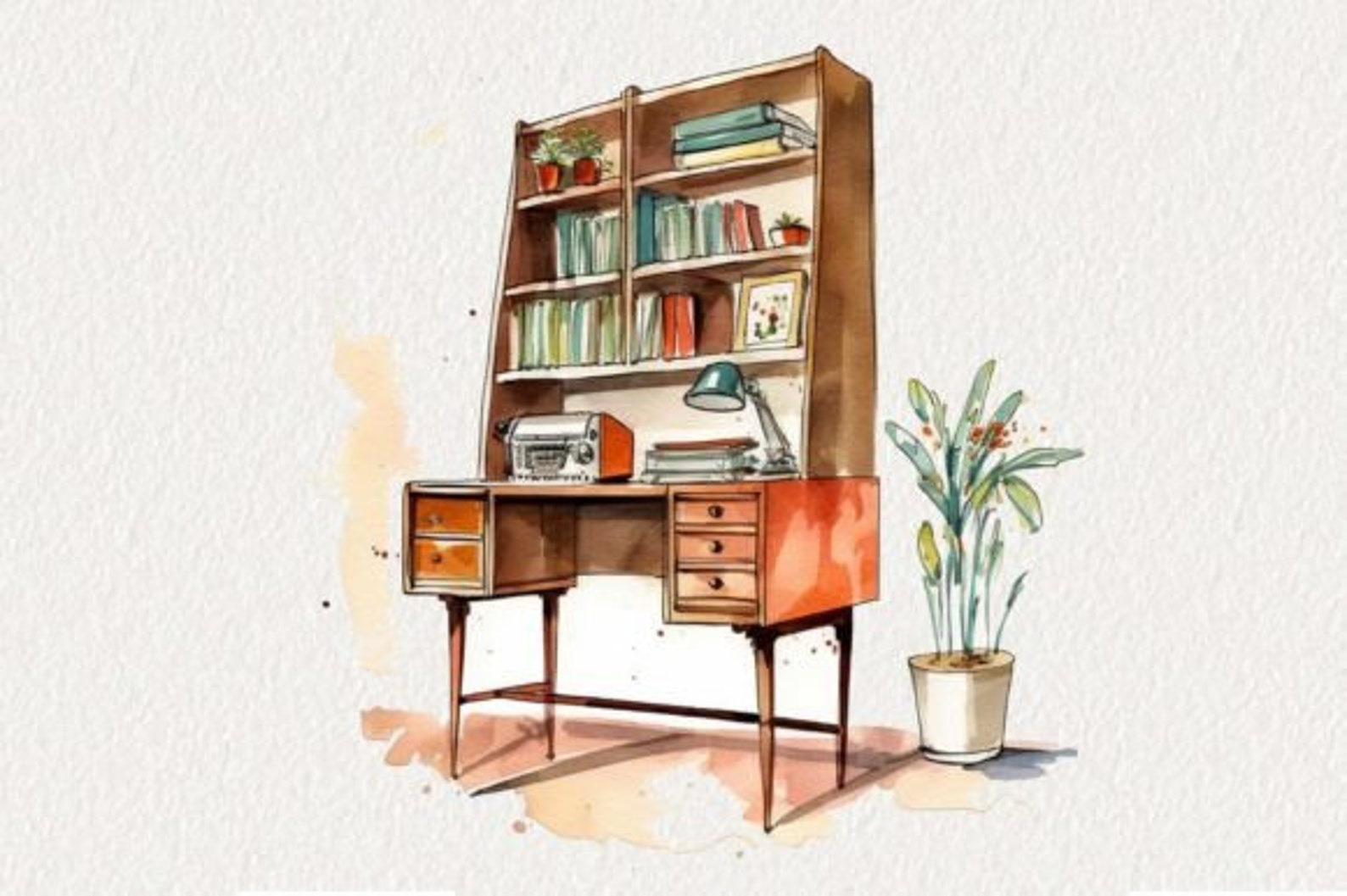 Vintage 50s Bookcase 1950s 50s Watercolour Cozy Home Library Clipart ...