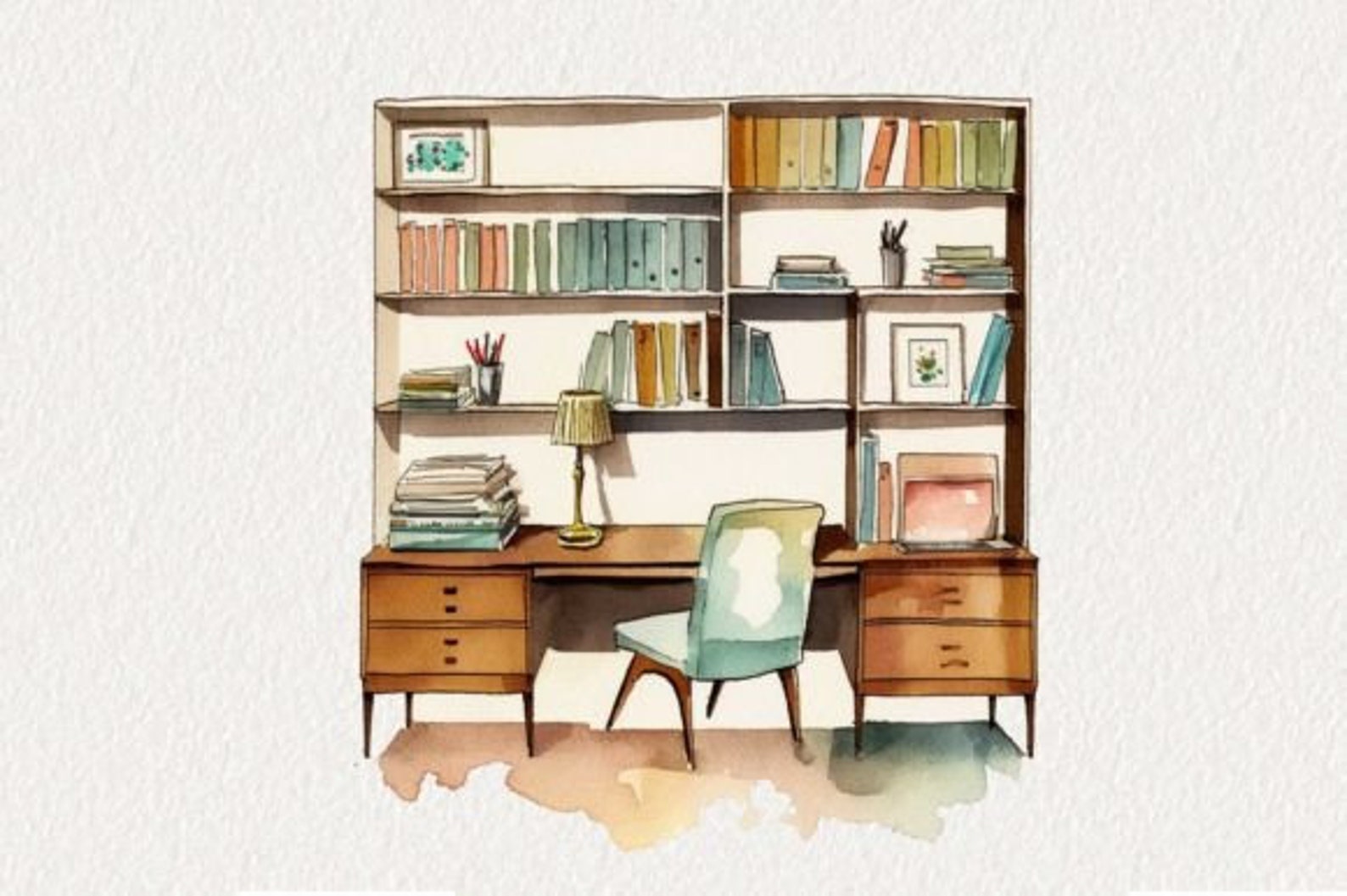 Vintage 50s Bookcase 1950s 50s Watercolour Cozy Home Library Clipart ...