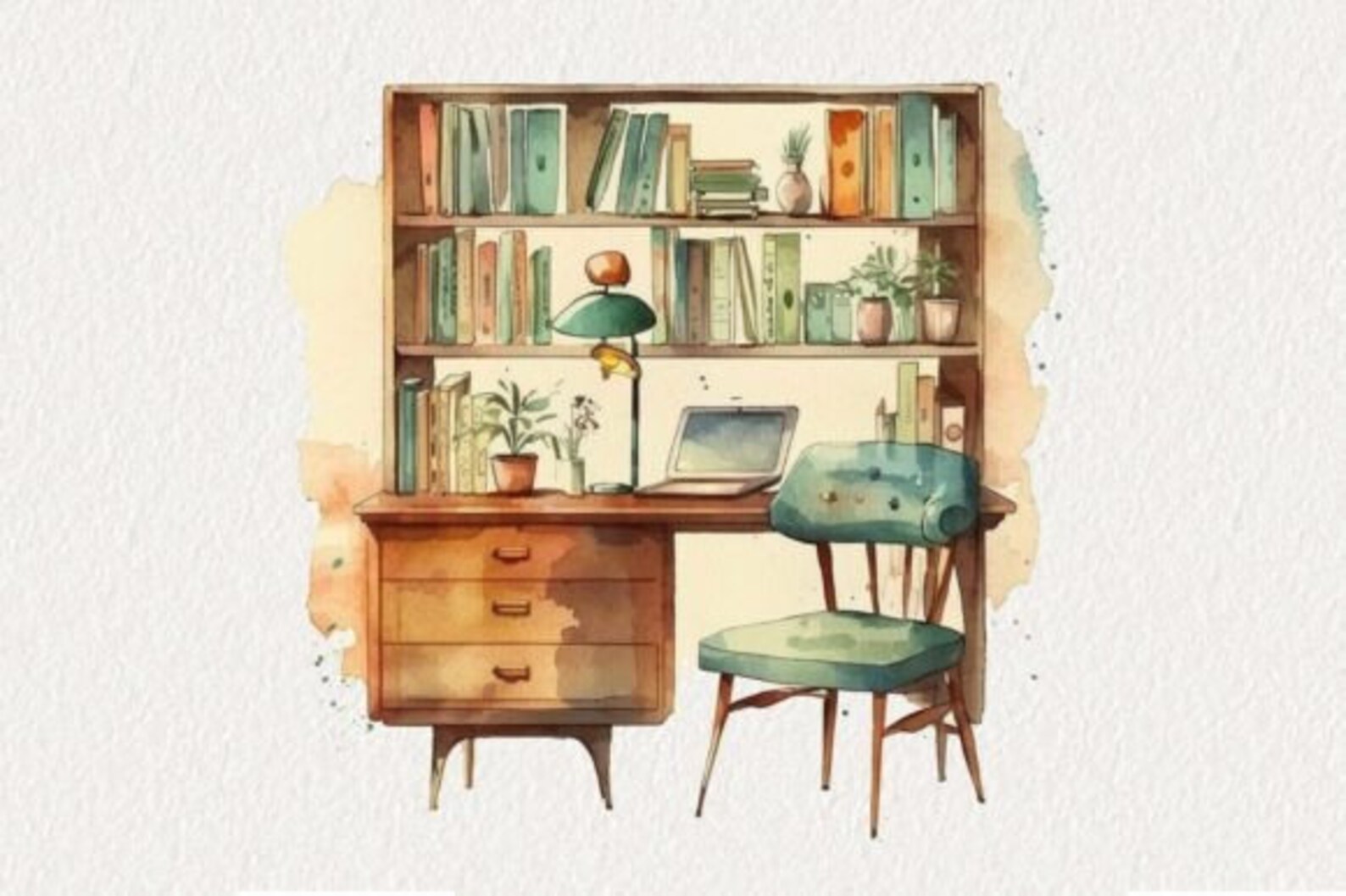 Vintage 50s Bookcase 1950s 50s Watercolour Cozy Home Library Clipart ...