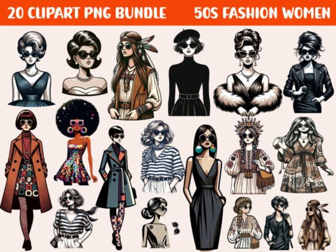 1950s Girls Fashion Clipart Bundle Midcentury PNGS 20watercolor 50s ...