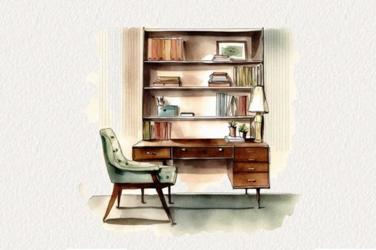 Vintage 50s Bookcase 1950s 50s Watercolour Cozy Home Library Clipart ...