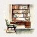 Vintage 50s Bookcase 1950s 50s Watercolour Cozy Home Library Clipart ...