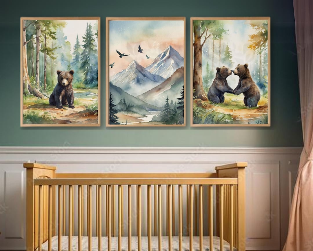 Woodland Bears Nursery Wall Art, Set of 3 Bear Nursery Prints for Baby ...