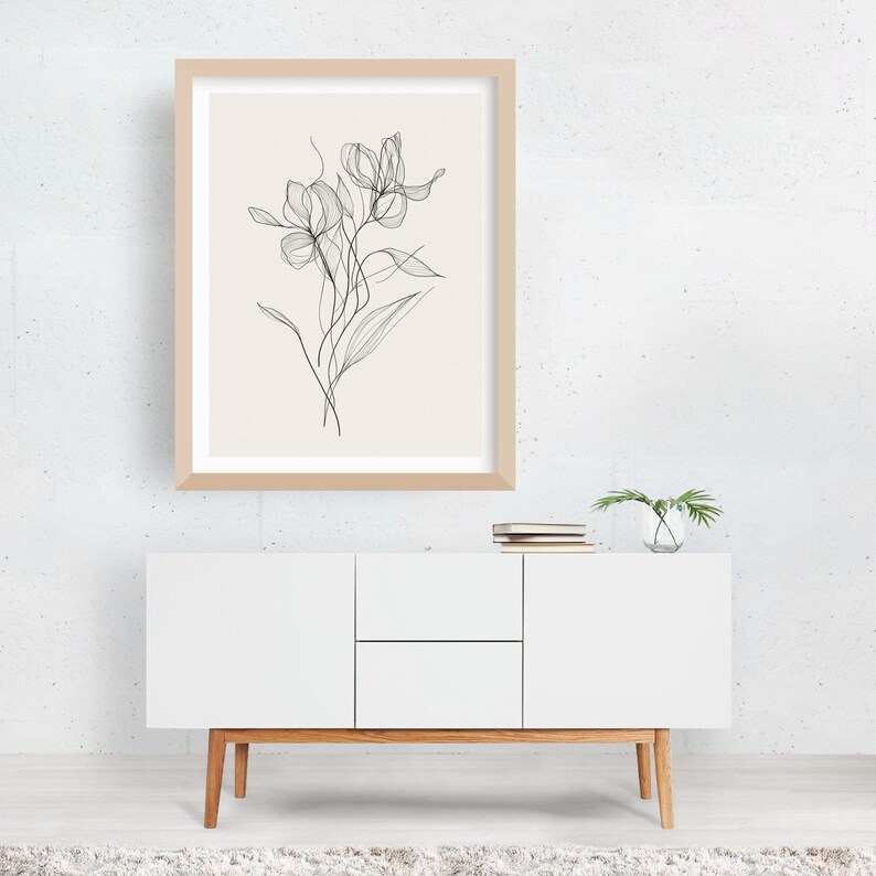 Line Art Print, Minimalist Wall Art, Floral Framed Art, Black and White ...