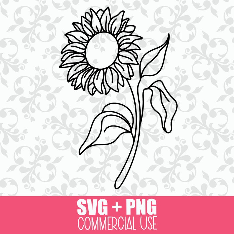 Single Sunflower Stem SVG + PNG: Sunflower Line Art, Gardening Line Art ...