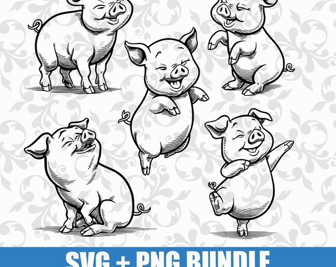 Cute Pig Bundle SVG & PNG, Baby Pig SVG, Piglet, Funny Pig, Dancing ...