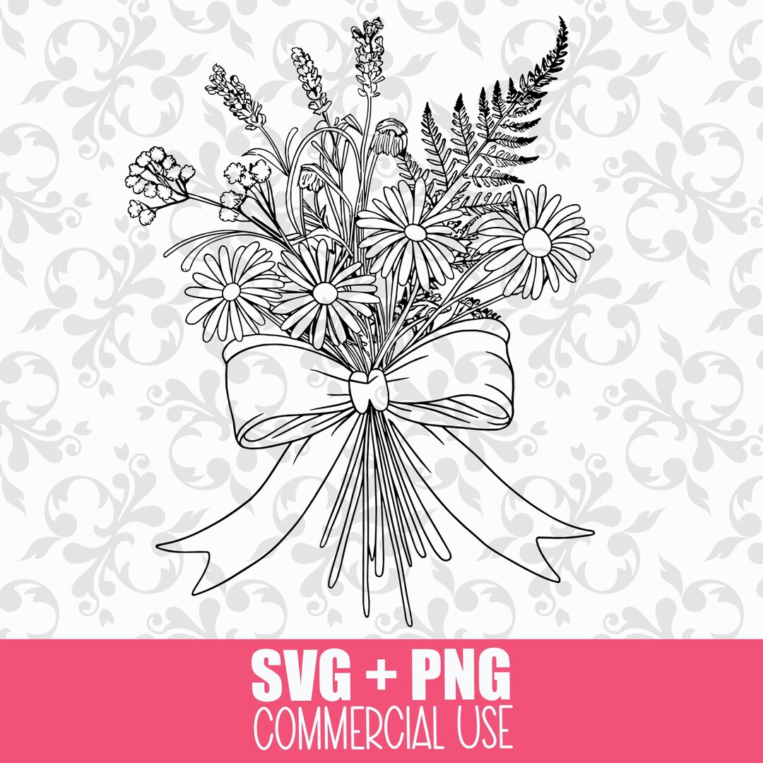 Wild Flower Bouquet SVG + PNG: Coquette Bow, Daisies, Wildflowers, Line ...