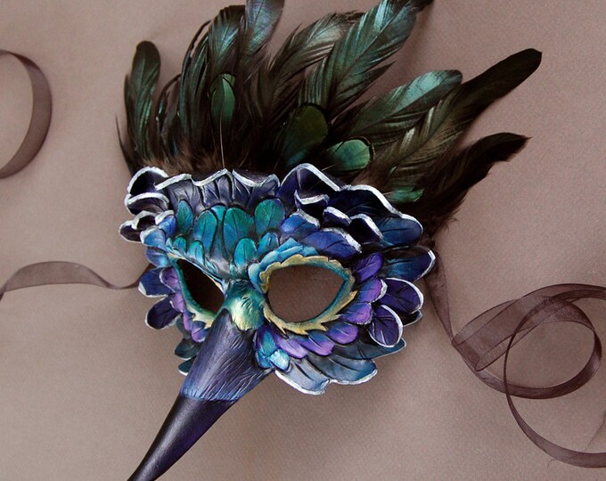 Iridescent Raven Leather and Feather Mask - Etsy