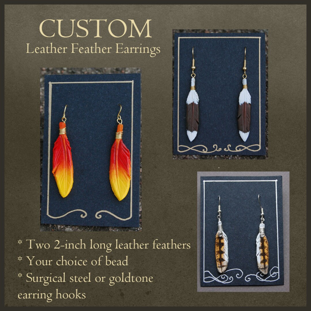 CUSTOM Leather Feather Earrings - Bird Feather Earrings Made to Order ...