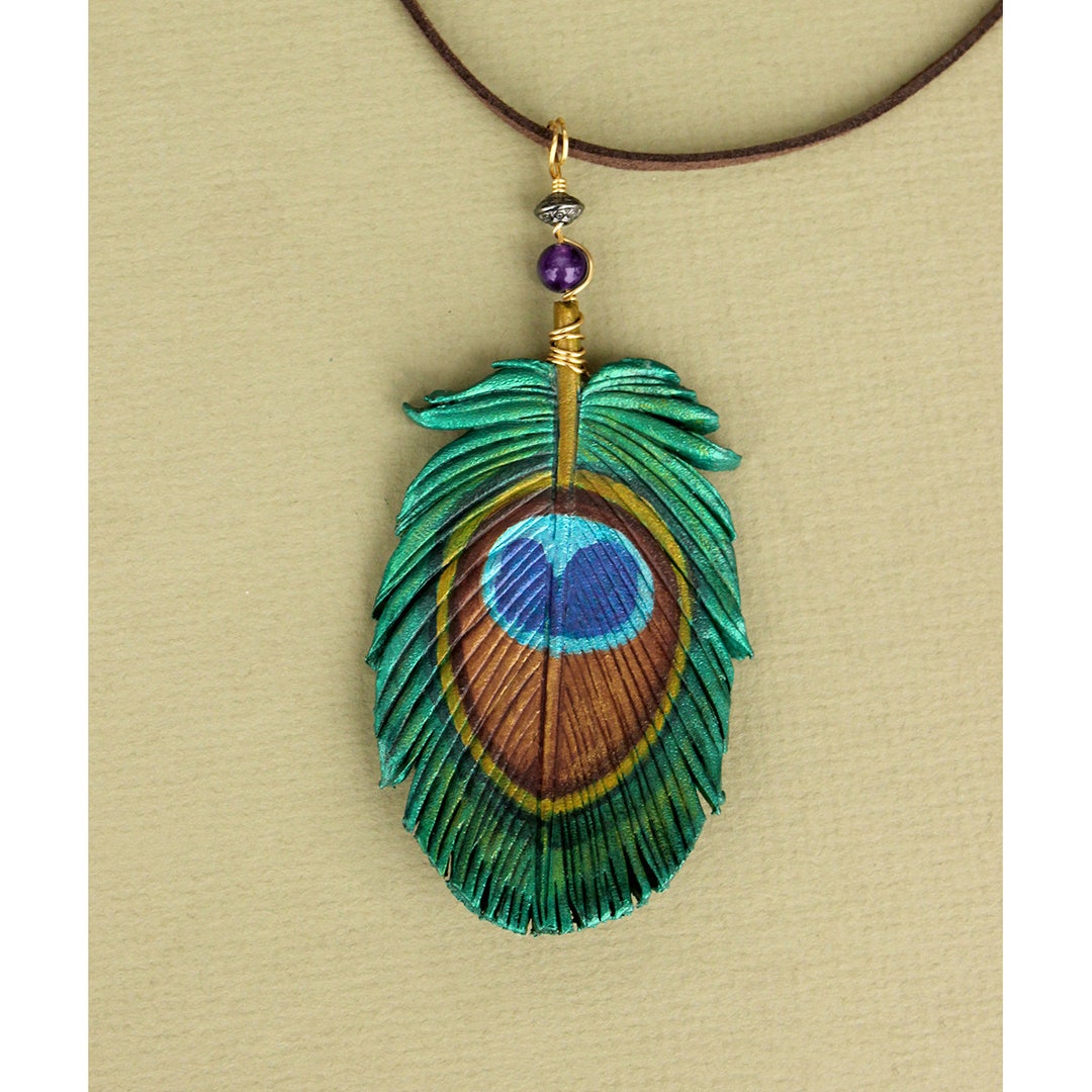 Leather Peacock Feather Pendant - Bird Feather Necklace With Purple ...