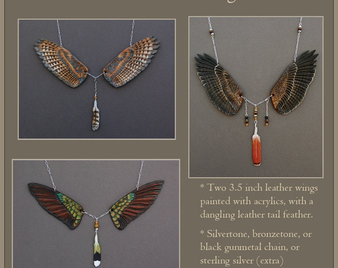 CUSTOM Leather Wings Necklace - Bird Wing Pendant With Dangling Leather ...