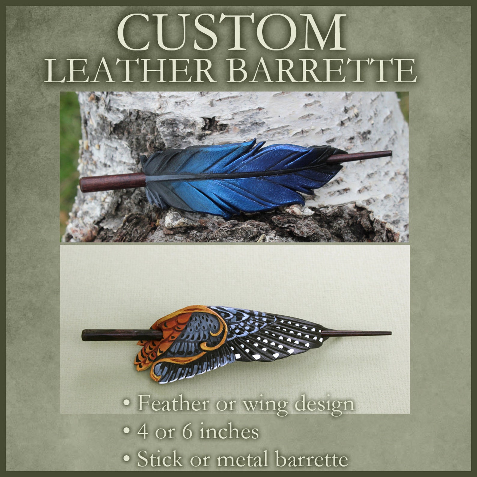 CUSTOM Leather Feather or Wing Barrette Bird Feather - Etsy