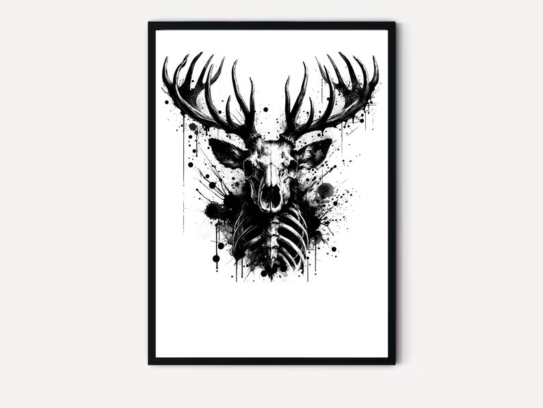 Gothic Skeleton Stag Art Print Ink Blot Dark Gothic Illustration ...