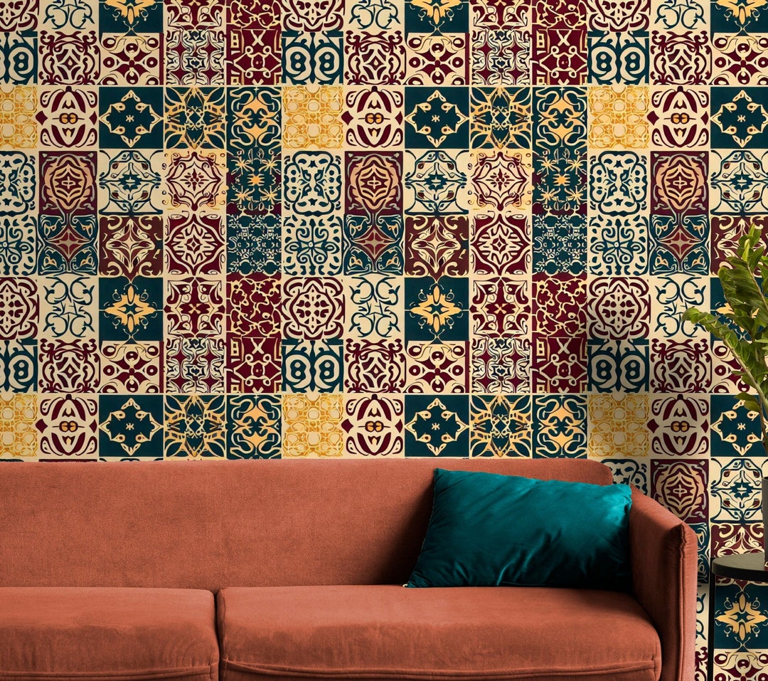 Moroccan Tiles Wallpaper, Bohemian Wallpaper, Ethnic Earth Tones ...