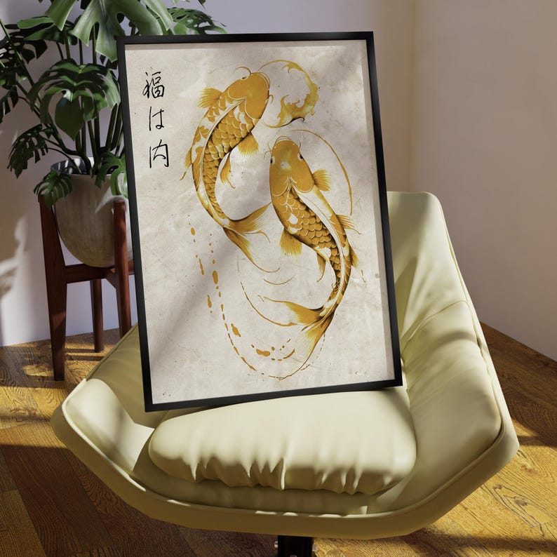 Gold Koi Fish Wall Art – Japanese Zen Printable With Kanji Proverb ...