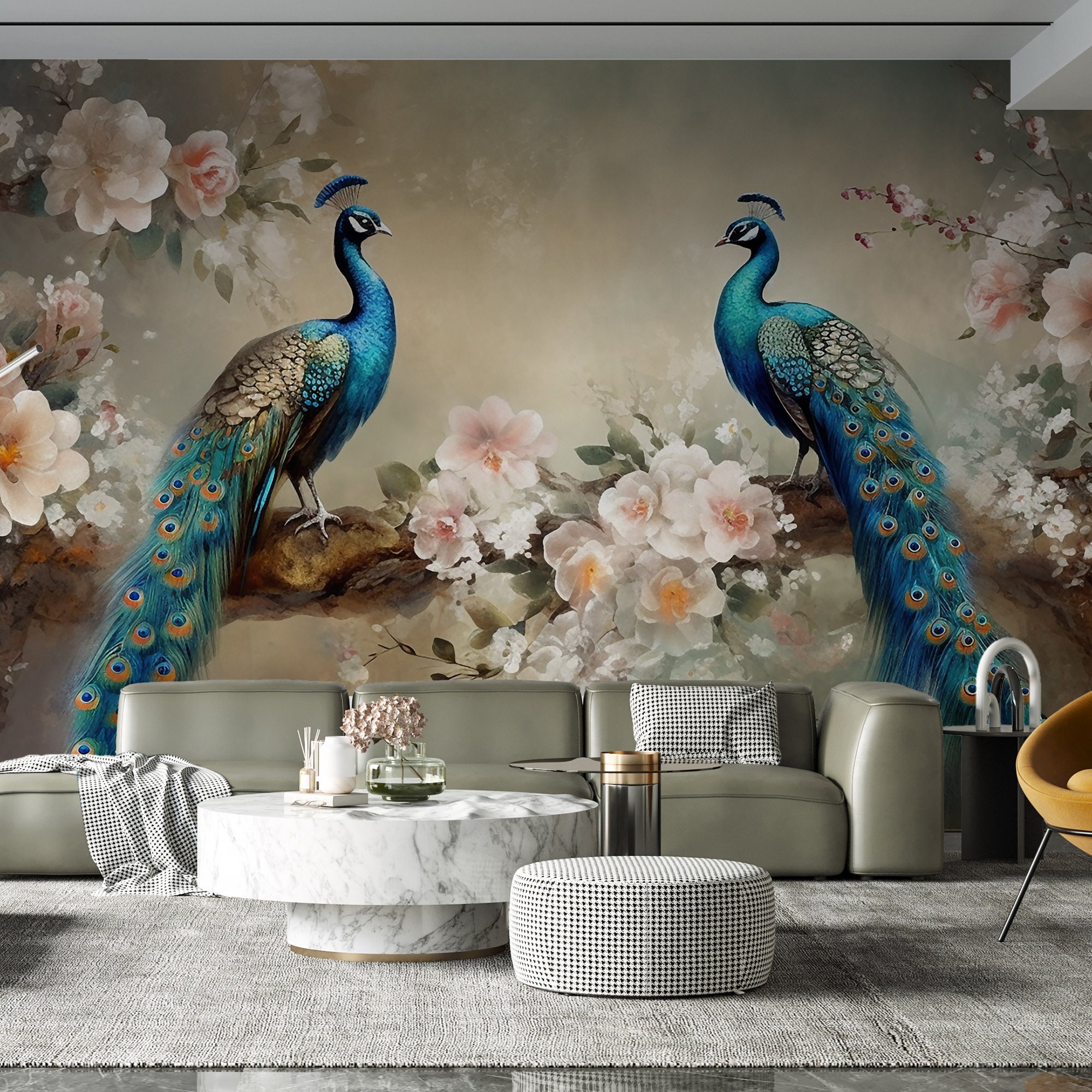 Chinoiserie Wallpaper With Elegant Peacocks and Branch of Flowers White ...