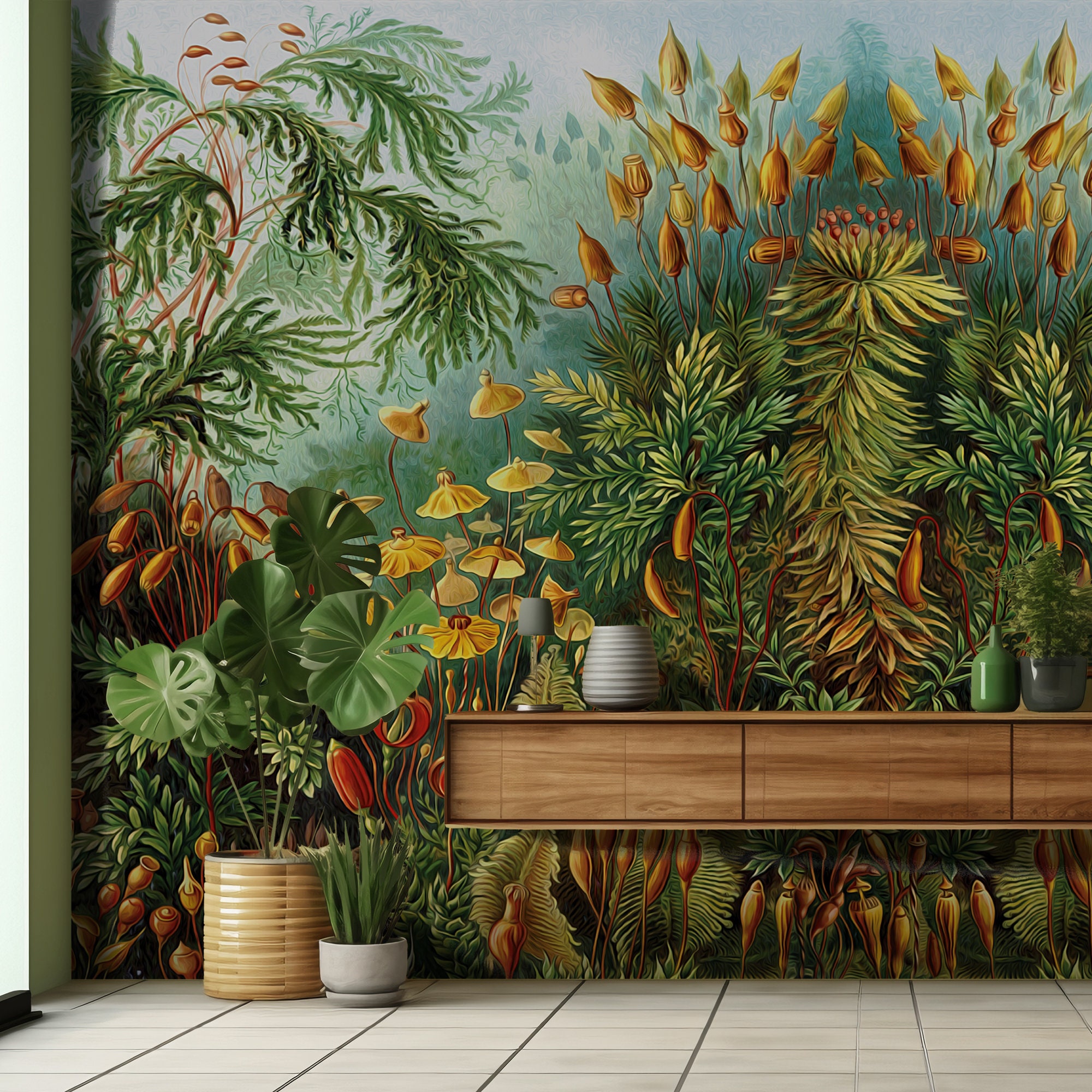 Forest Landscape Wallpaper With Baroque Style Colorful Flowers and ...