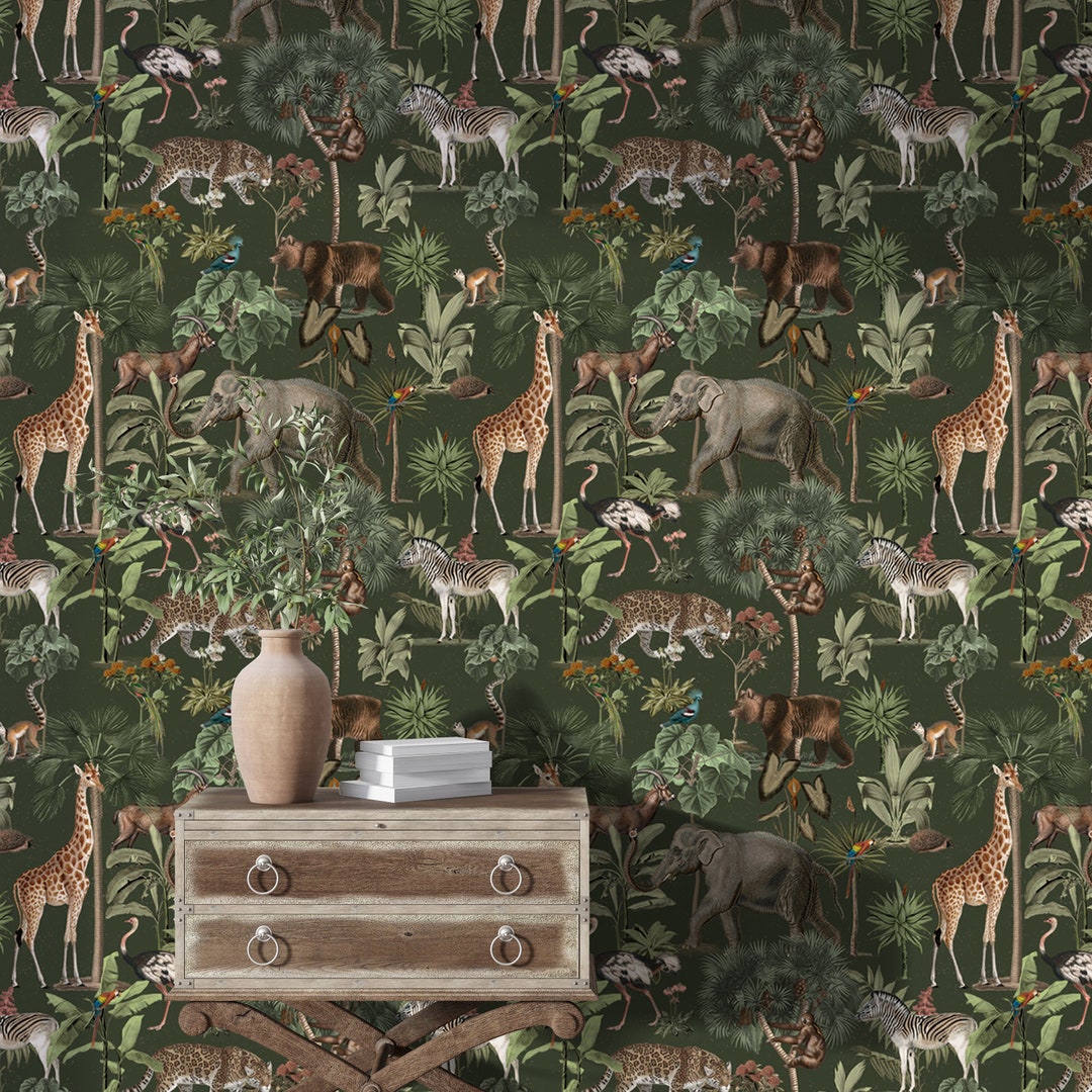 Jungle Wallpaper With Wild Animals and Trees, Nature Wall Mural, Forest ...