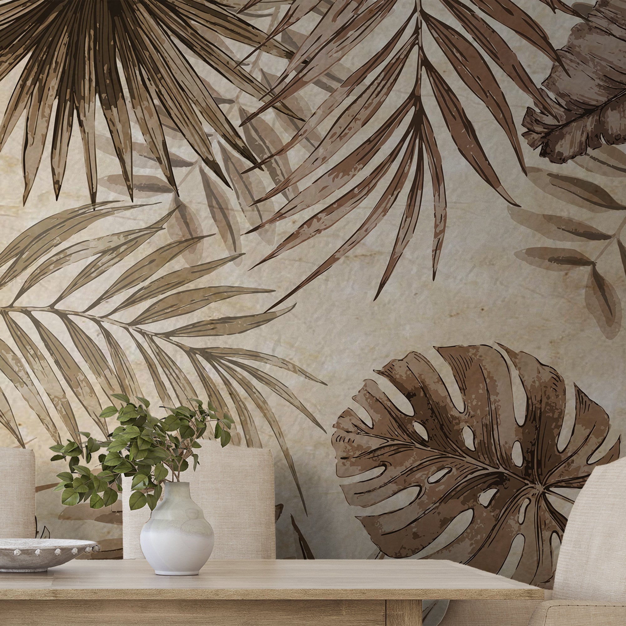 Tropical Leaf Wallpaper in Sepia Colors and Soft Textured Wallpaper ...