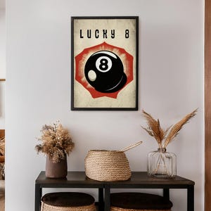 Retro Lucky Eight Ball Wall Art Print - Vintage Textured Retro Pool ...