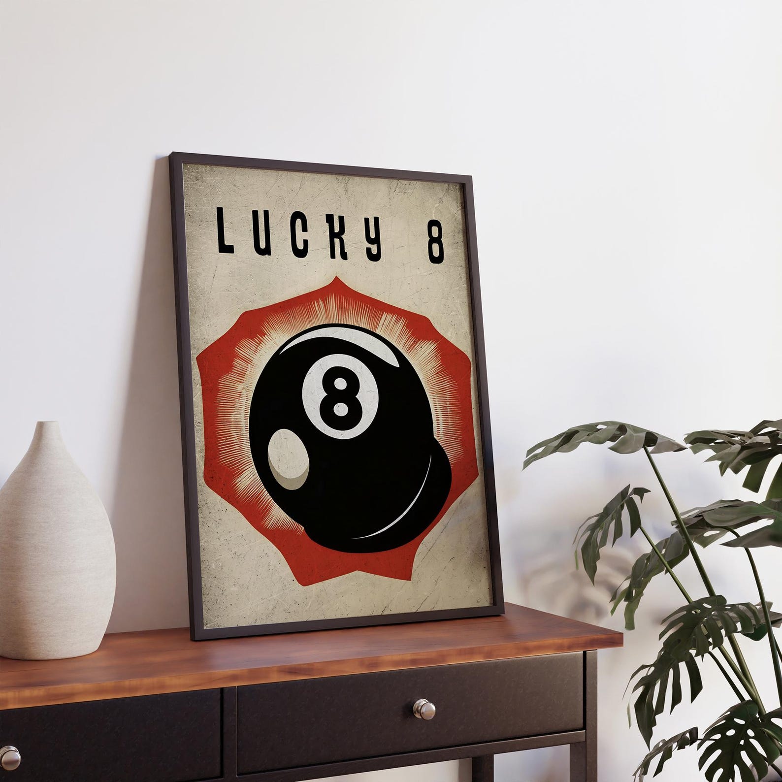 Retro Lucky Eight Ball Wall Art Print - Vintage Textured Retro Pool ...