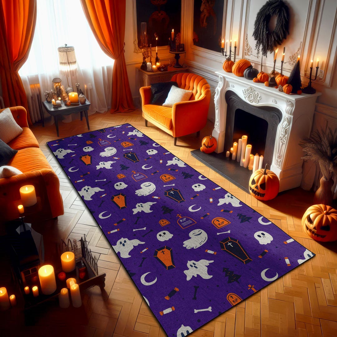 Spooky Halloween Runner Rug: Purple Ghosts, Skulls, and Coffins - Etsy