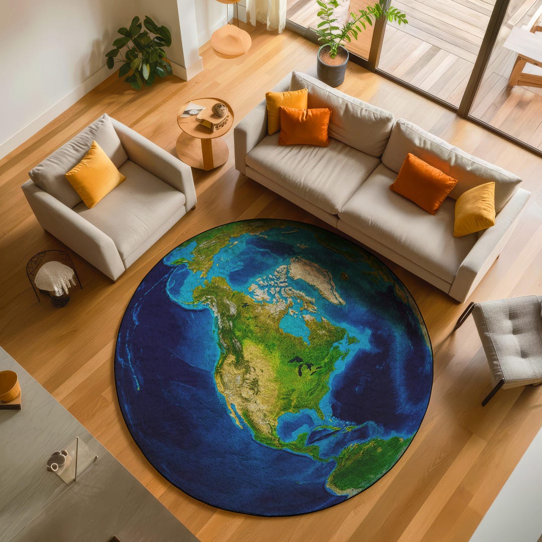 3D Earth Map Round Rug, World Globe Carpet, Educational Geography Rug ...