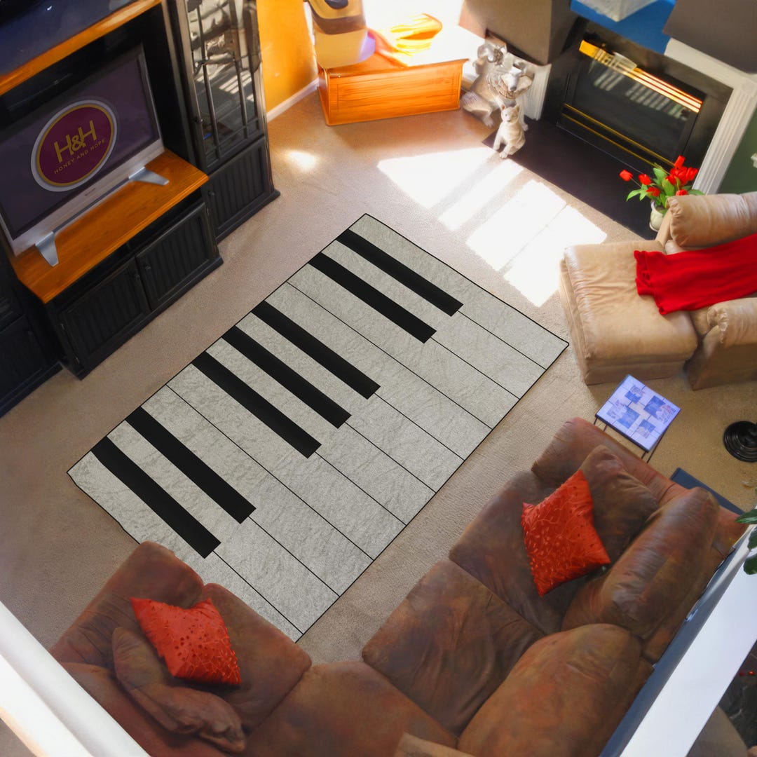 Piano Keys Rug - Modern Music Room Decor, Living Room Accent, Black and ...