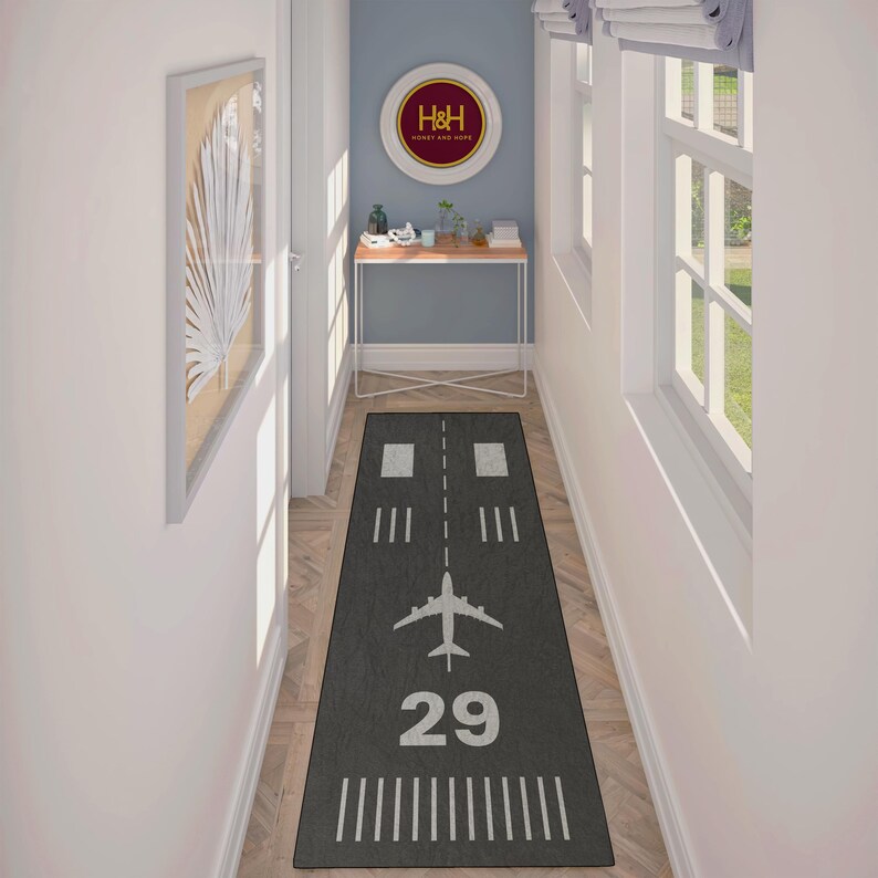 Fume Black Runway-themed Hallway Runner Rug – Stylish Aviation Design ...