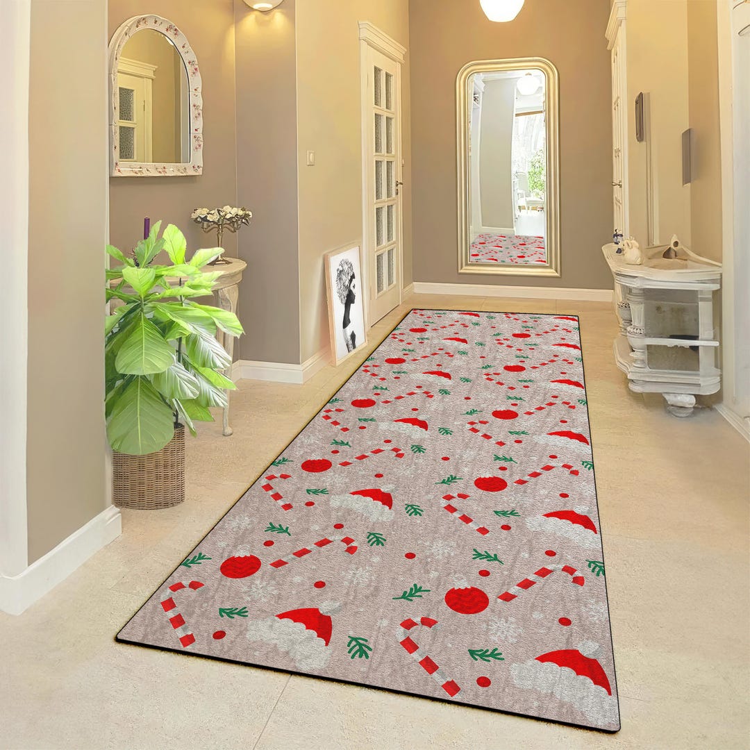 Christmas Runner Rug With Candy Cane & Santa Hat Pattern - Festive ...