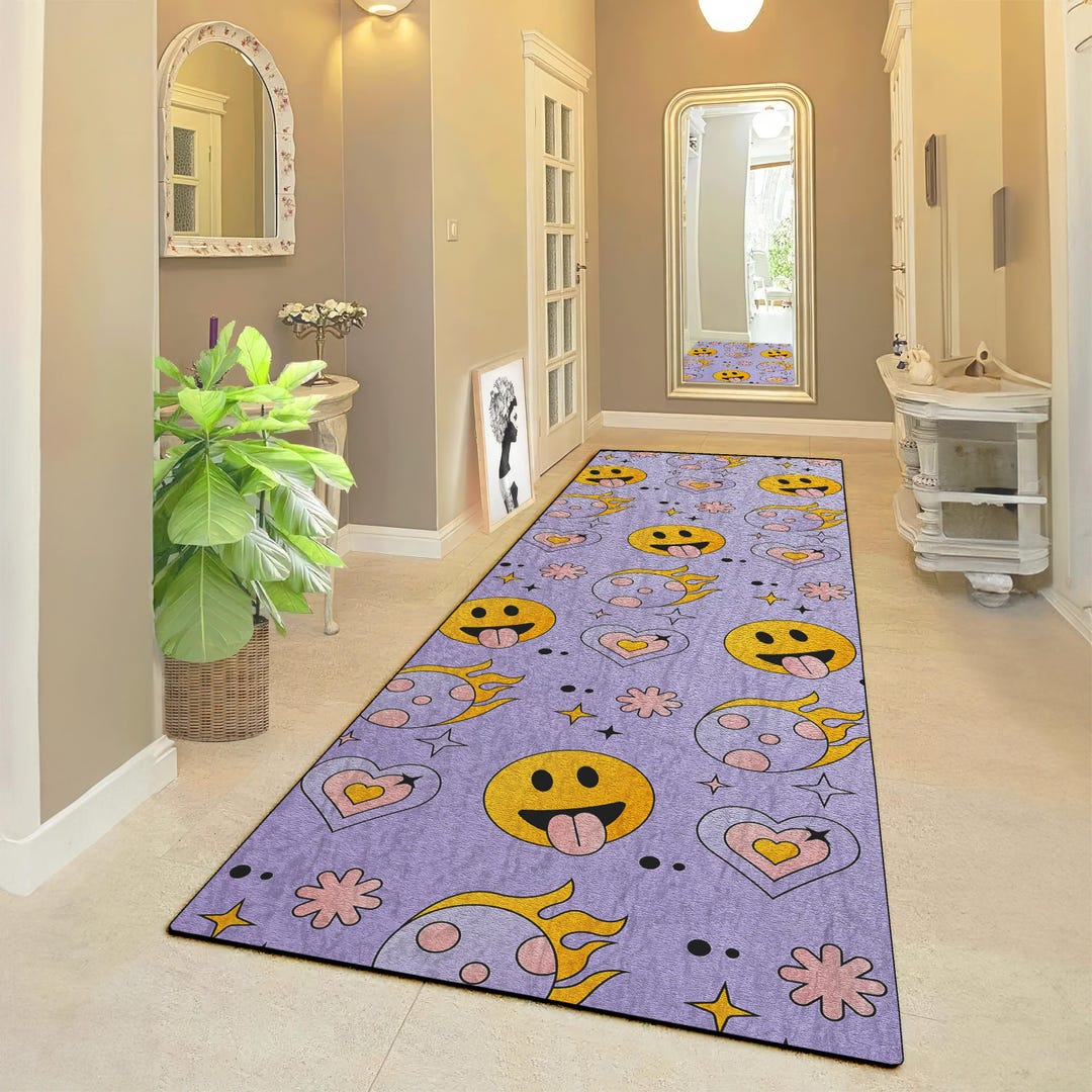 Playful Emoji Runner Rug - Purple Carpet With Fun Faces, Hearts & Star ...