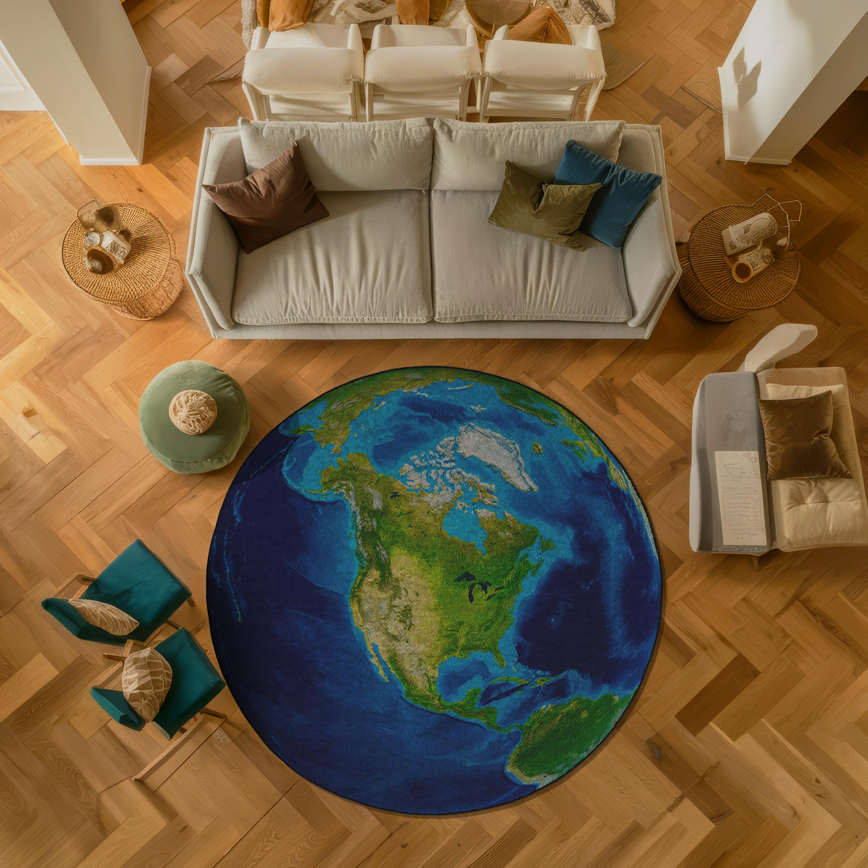 3D Earth Map Round Rug, World Globe Carpet, Educational Geography Rug ...