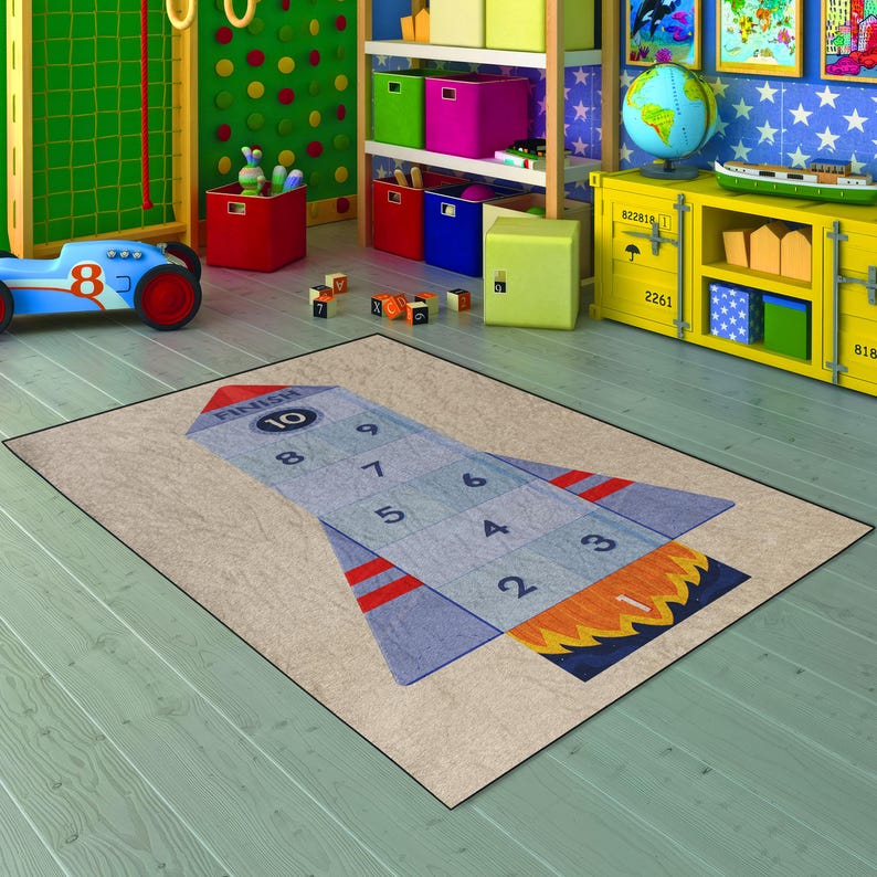 Rocket Ship Hopscotch Runner Rug – Beige, Blue, and Red Play Mat for ...
