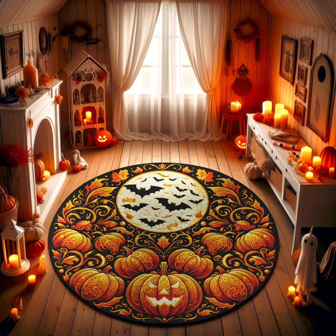 Halloween Round Rug: Spooky Pumpkin, Bats, and Full Moon Design - Etsy