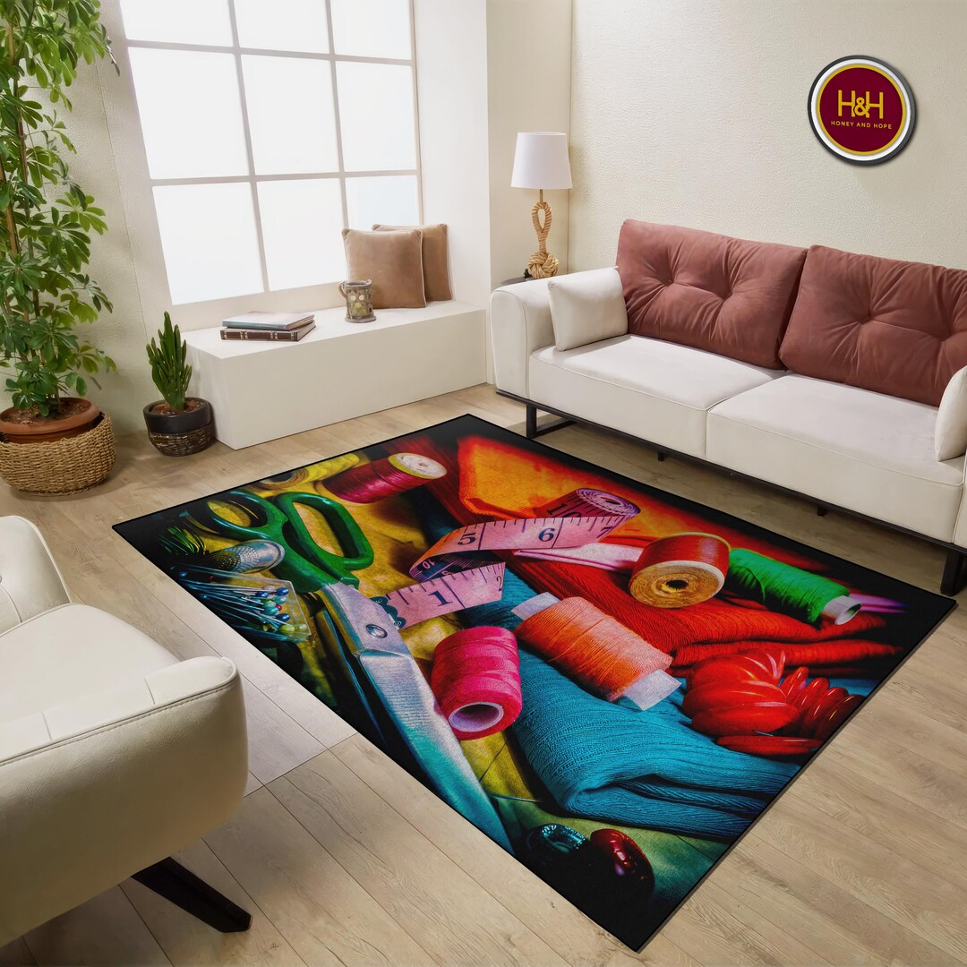 Sewing Theme Area Rug: Colorful Craft Room Decor, Non-slip, Machine ...