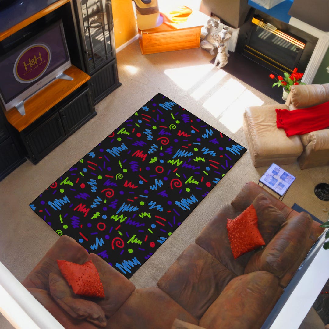 Neon Arcade Symbols Rug, Retro Gaming Carpet, 80s Arcade Room Decor ...