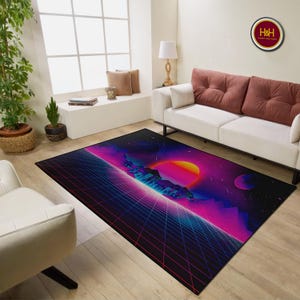 Retro Futuristic City Rug, 80s Vaporwave Style Carpet, Neon Sunset ...
