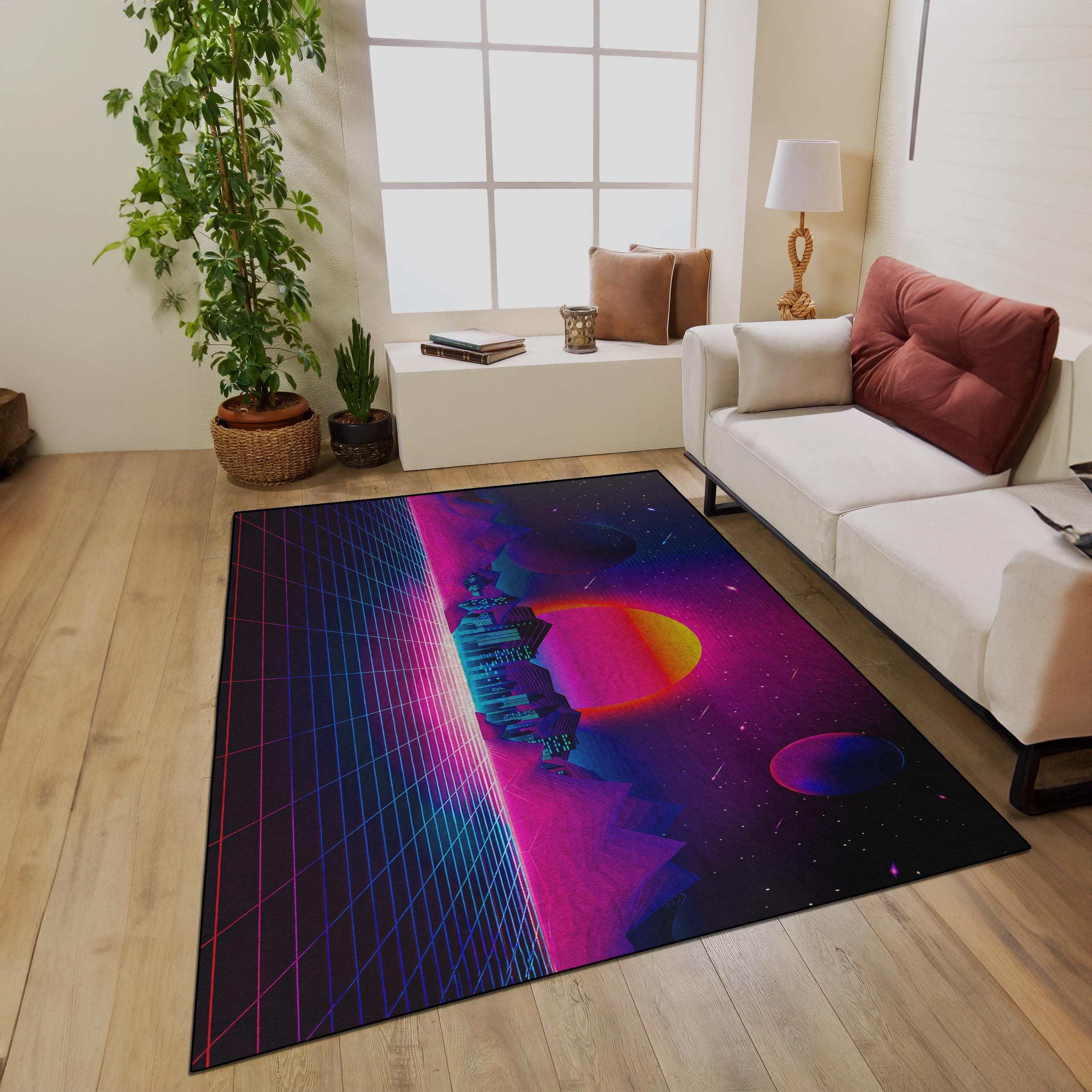 Retro Futuristic City Rug, 80s Vaporwave Style Carpet, Neon Sunset ...